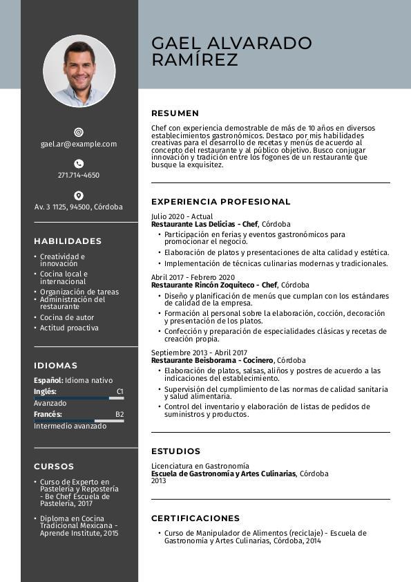 Plantilla de currículum de chef y ejemplos | Mi CV Ideal