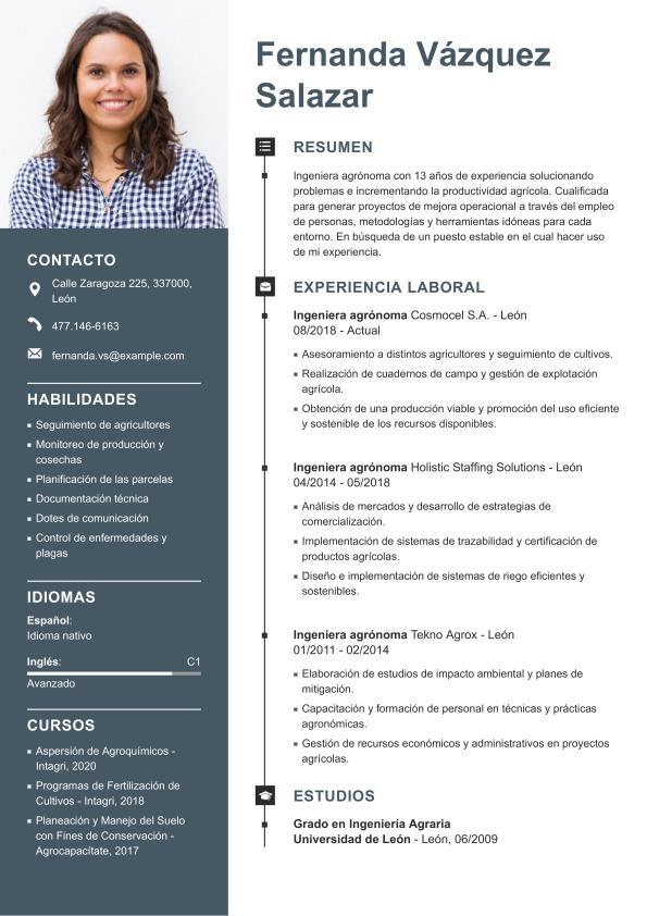 Plantilla de CV de ingeniero agrónomo y ejemplos | miCVideal