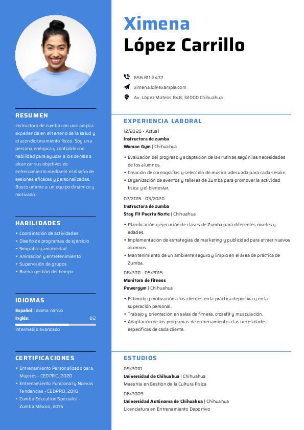 Plantilla de CV de instructor de zumba y ejemplos | miCVideal