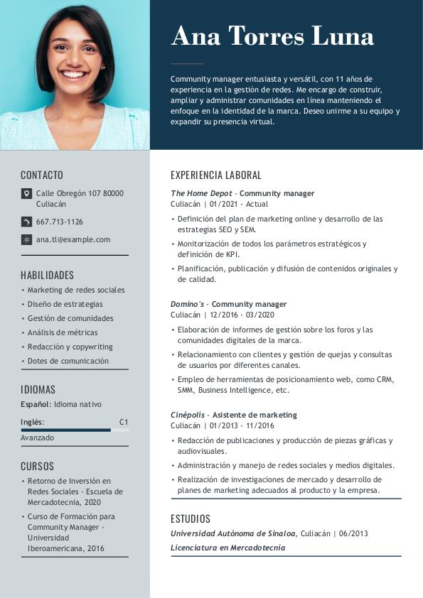 Plantilla de CV de community manager y ejemplos | miCVideal