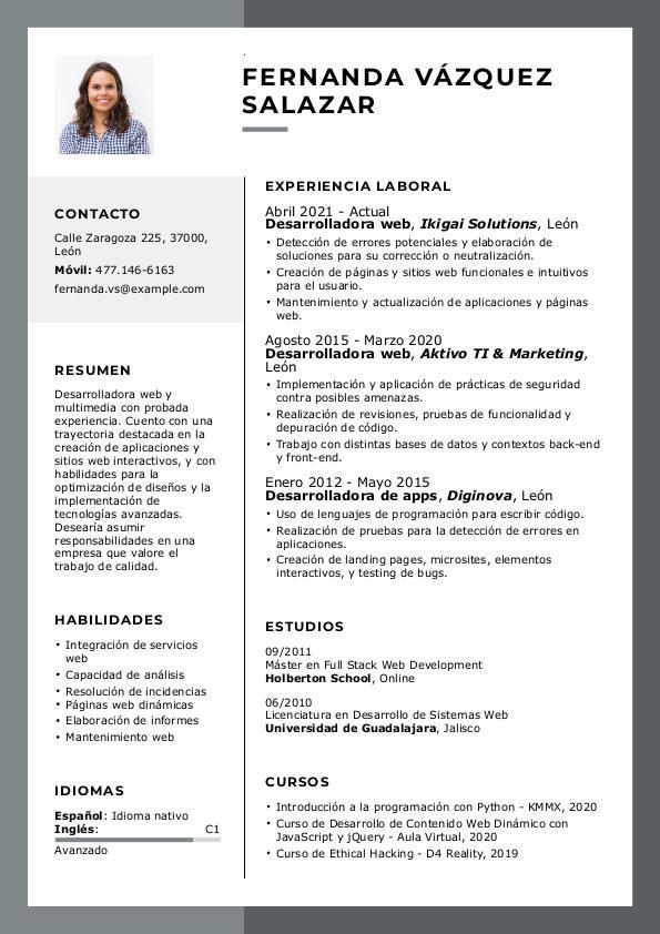 Currículum de desarrollador web: ejemplos y plantillas | miCVideal Currículum de desarrollador web: ejemplos y plantillas | miCVideal