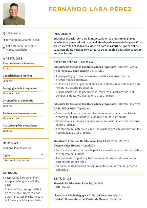 Plantilla de CV de educador especial y ejemplos | miCVideal