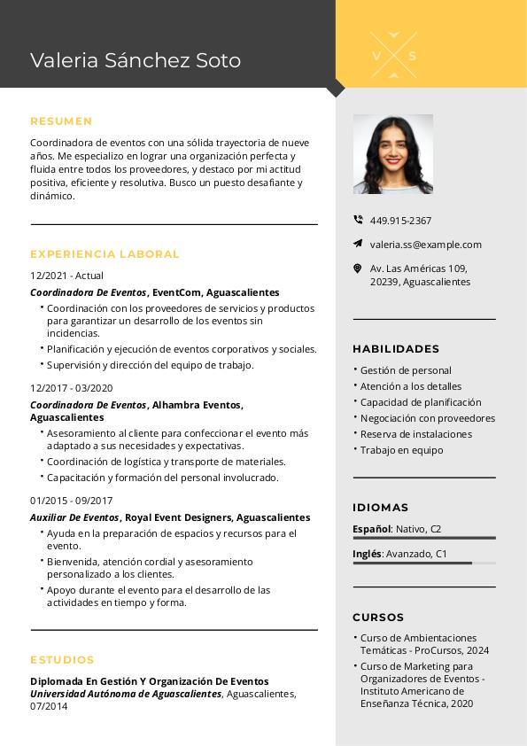 Plantilla de CV de coordinador de eventos y ejemplos | miCVideal