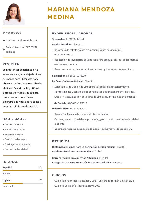 Plantilla de currículum de sommelier y ejemplos | miCVideal