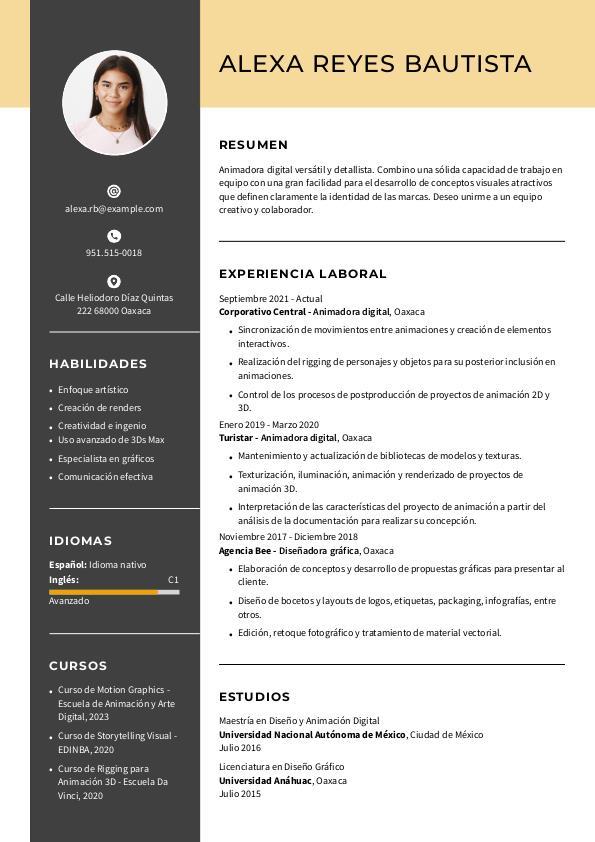 Plantilla de CV de animador digital y ejemplos | miCVideal