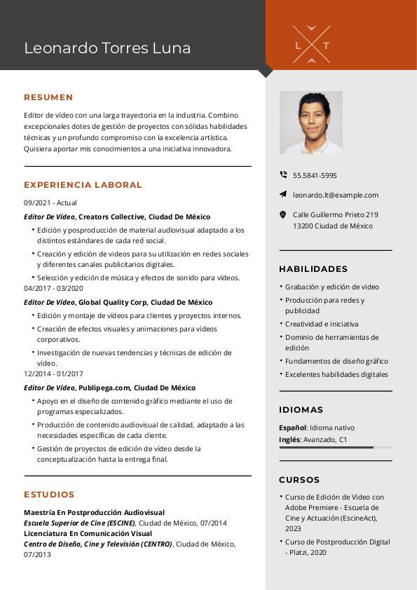 Plantilla de currículum de editor de vídeo y ejemplos | miCVideal