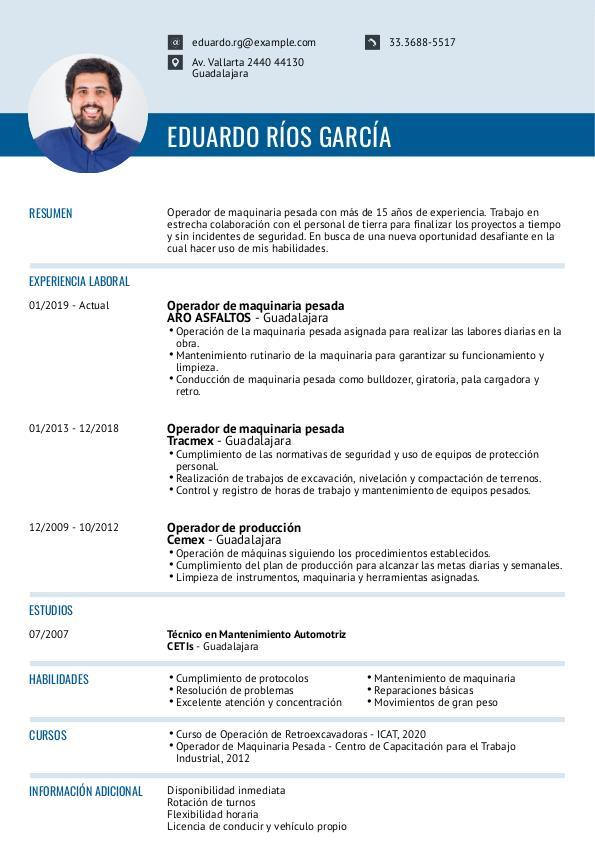 CV de operador de maquinaria pesada: ejemplos | Mi CV Ideal