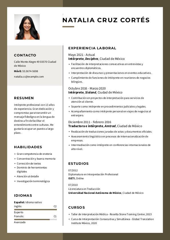 Plantilla de currículum de intérprete y ejemplos | miCVideal