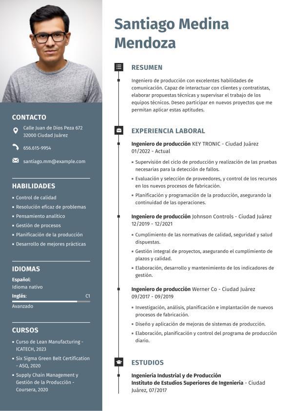 Plantilla de CV de ingeniero de producción y ejemplos | miCVideal