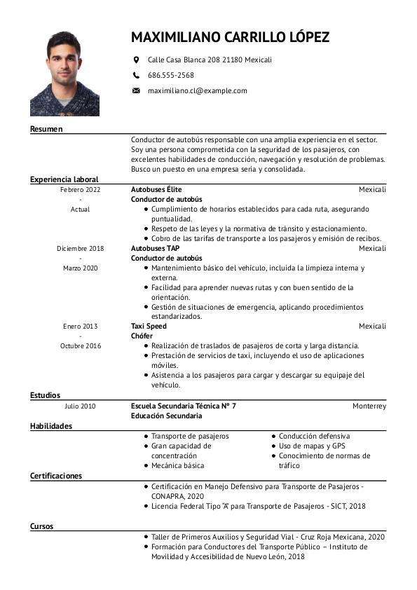 Plantilla de CV de conductor de autobús y ejemplos | Mi CV Ideal