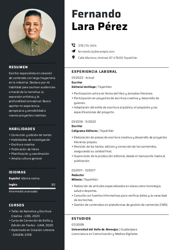 Plantilla de currículum de escritor y ejemplos | miCVideal