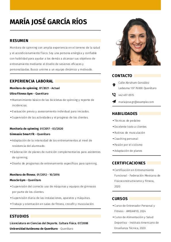 Plantilla de CV de monitor de spinning y ejemplos | miCVideal