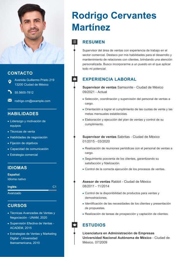 Plantilla de CV de supervisor de ventas y ejemplos | Mi CV Ideal