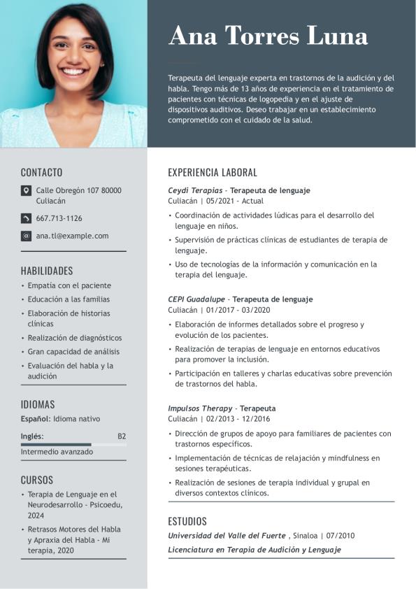Plantilla de CV de terapeuta de lenguaje y ejemplos | miCVideal